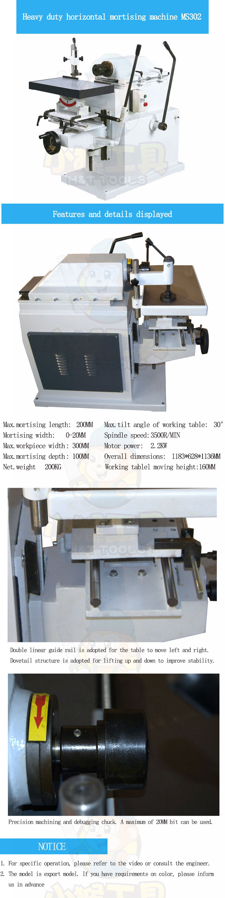 Heavy duty horizontal mortising machine MS302 - H&T TOOLS